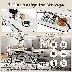COSTWAY 2-Tier Coffee Table, Modern Faux Marble Accent Table with Storage and Gold Finished Metal Frame, Chic Rectangular End Table for Living Room Office Lounge (White+Black)