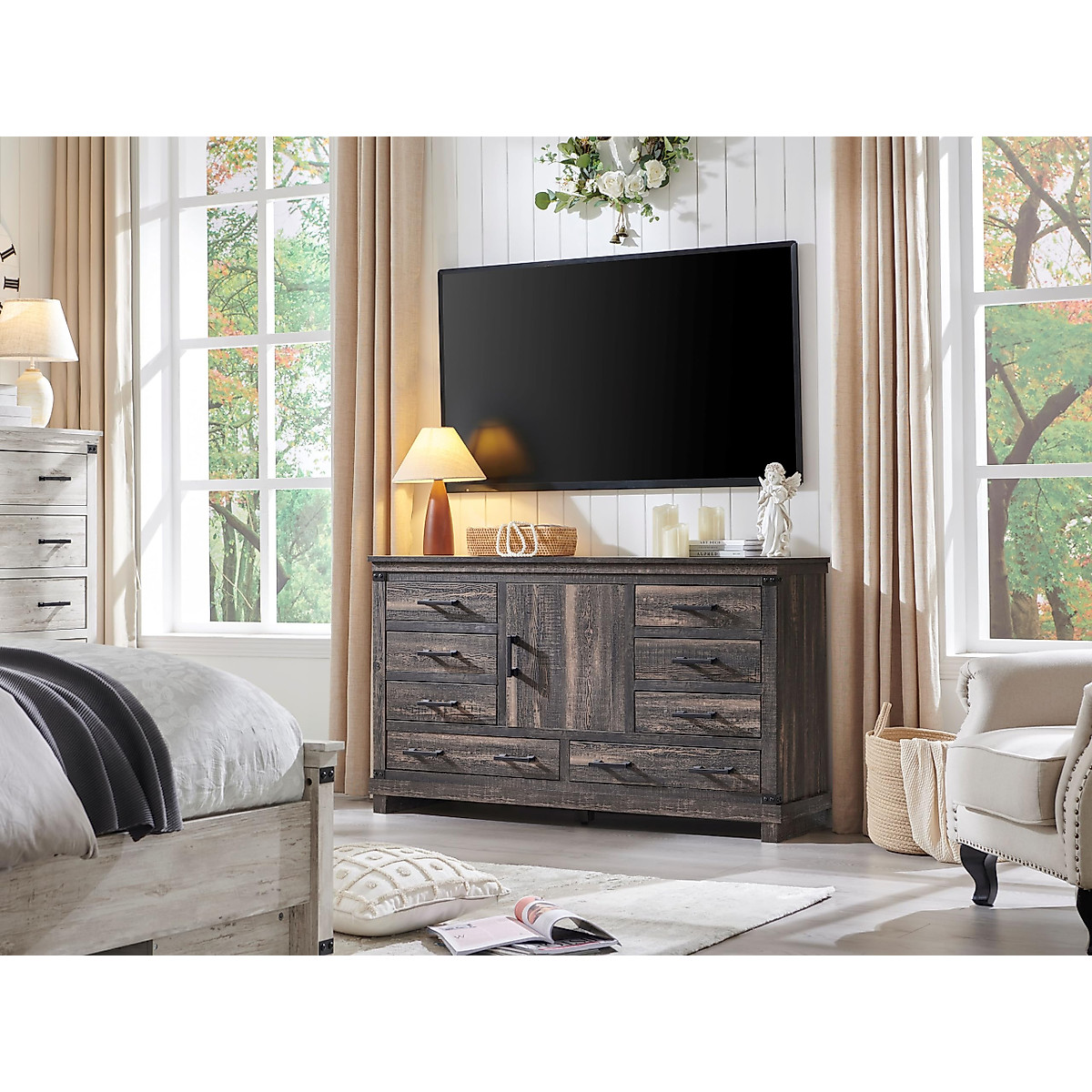 Farmhouse 8 Drawer Dresser for Bedroom - 54 Inch Wide Dresser TV Stand with Storage & Adjustable Shelves, Wood Dressers & Chests of Drawers for Closet, Dark Rustic Oak