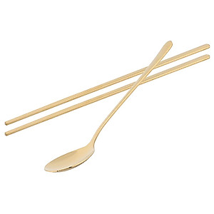 QANYEGN 304 Stainless Steel Spoon and Chopsticks, Flat Long Handle Chopsticks and Spoon Set with Gift Box, Korean Tableware Set for Home Kitchen, Restaurant(Gold)