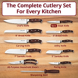 Master Maison Walnut Kitchen Knife Set With Knife Block & Bonus Cleaver | German Stainless Steel Knives With Knife Sharpener & 8 Steak Knives | Butcher Block Knife Sets For Kitchen