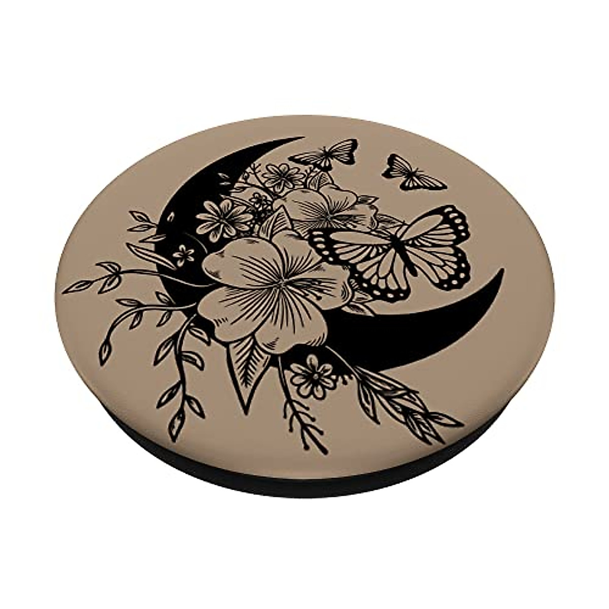 Champagne Tan Black Butterfly Crescent Moon Flower PopSockets Swappable PopGrip