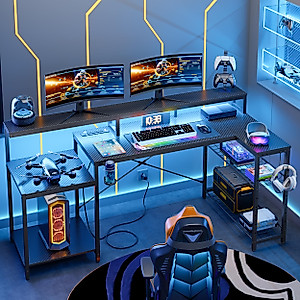 Bestier Gaming Desk with Power Outlet, 71.5 inch LED Computer Desk with Monitor Stand, L Shaped Large Desk with Metal Shelf, Cup Holder & Headset Hooks, Corner Desk for Bedroom 3D Carbon Fiber