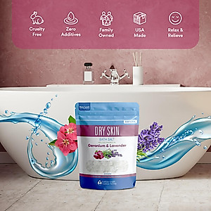 Dry Skin Bath Salt 32 Ounces (2 Lbs) Epsom Salt with Natural Geranium and Lavender Essential Oils Plus Vitamin C in BPA Free Pouch with Easy Press Lock Seal Made in USA
