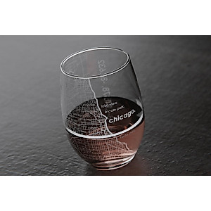 Well Told Engraved Chicago Illinois Map Stemless Wine Glass, Etched Wine Glass (15 oz, Clear) City Map Wine Glass, Custom Wine Glass, Gifts for Wine Lovers