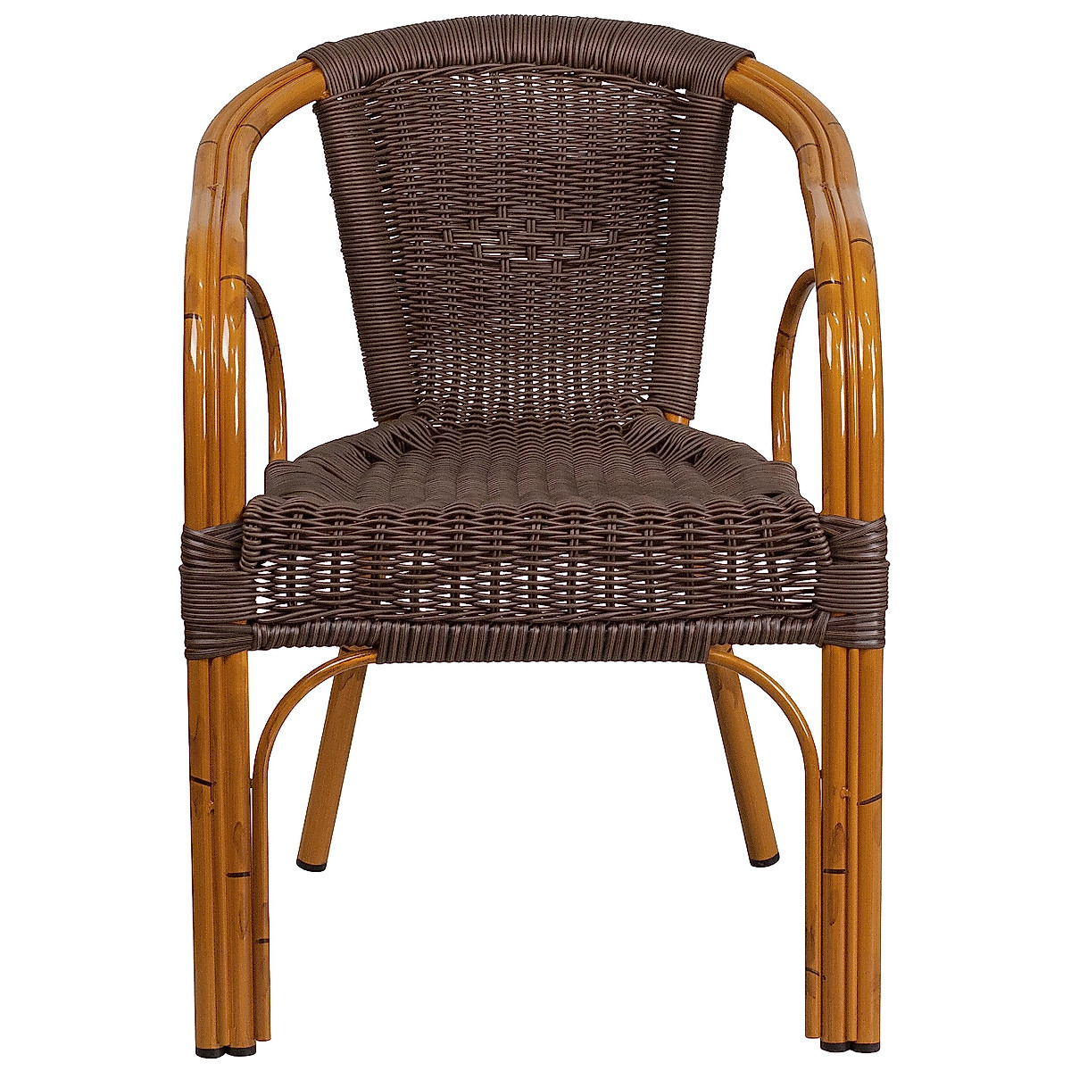 EMMA + OLIVER Dark Brown Rattan Patio Chair with Red Bamboo-Aluminum Frame