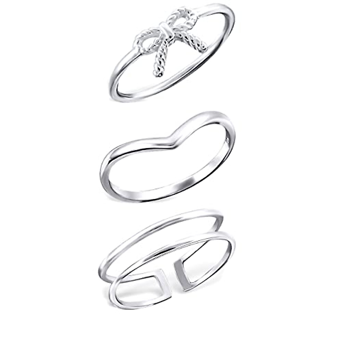 ICYROSE 925 Sterling Silver set of 3 Bow, Plain Pointed, Double Connected Above Knuckle Ring Mid Finger Top