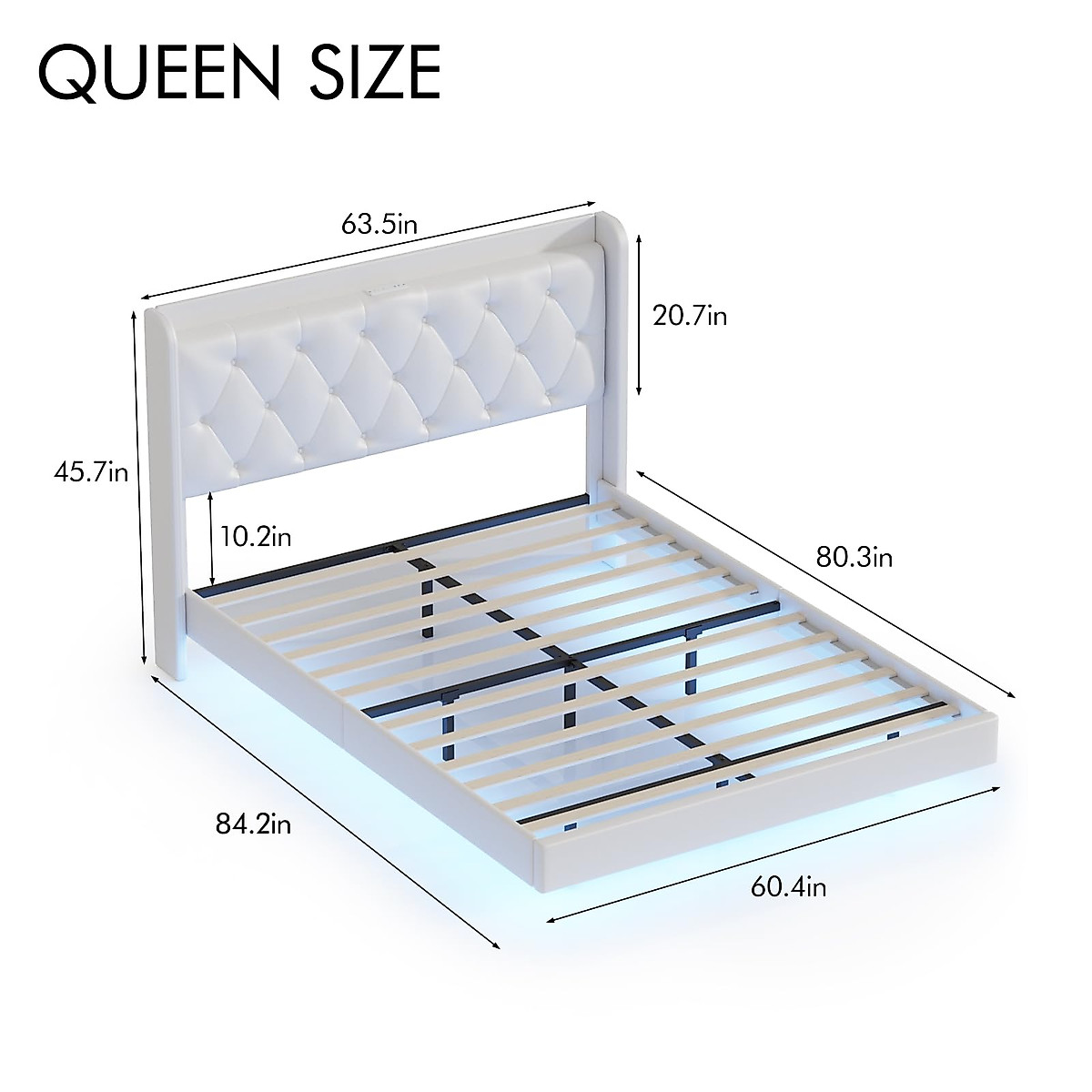 Queen Size Floating Bed Frame with LED Lights, Upholstered PU Leather Platform Bed with Charging Station & Button Tufted Headboard Storage, No Box Spring Needed, White