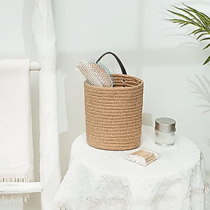 Wall Hanging Storage Baskets Jute Set of 2 Small Woven Rope Closet Organizer 6.7"x7.9" Décor with Black Leather Handle Nursery Storage Bins for Flower Plants/Garage/Shelf/Outdoor/Bathroom