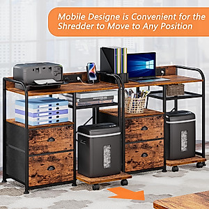 Furologee Printer Stand with Power Outlet, Lateral File Cabinet with 2 Large Drawers, Shredder Shelf Stand with Wheels & 4 Tiers Open Shelves for Office, Home, Living Room, Rustic Brown
