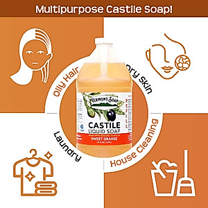 Vermont Pure Castile Soap Orange, Gentle Liquid Soap for Sensitive Skin & Natural Body Wash, Organic Hair Shampoo for Oily Hair, Aloe Castile Soap for Men & Women - 64 Oz