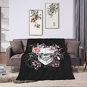 Pink Rose and Skull Throw Blanket Plush Flannel Bed Sofa Couch Office Home Women Men Soft Warm Lightweight 50 x 60 inches