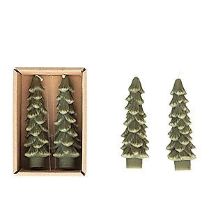 Creative Co-Op Unscented Tree Shaped Taper Candles, Evergreen, Boxed Set Of 2