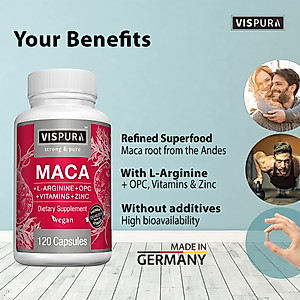 VISPURA Maca Root Capsules 5000 mg + L-Arginine, Vitamins B6 + B12, OPC and Zinc, Energy Boosting Formula* for Men and Women, 120 Vegan Tablets with Organic Maca Peruana Extract