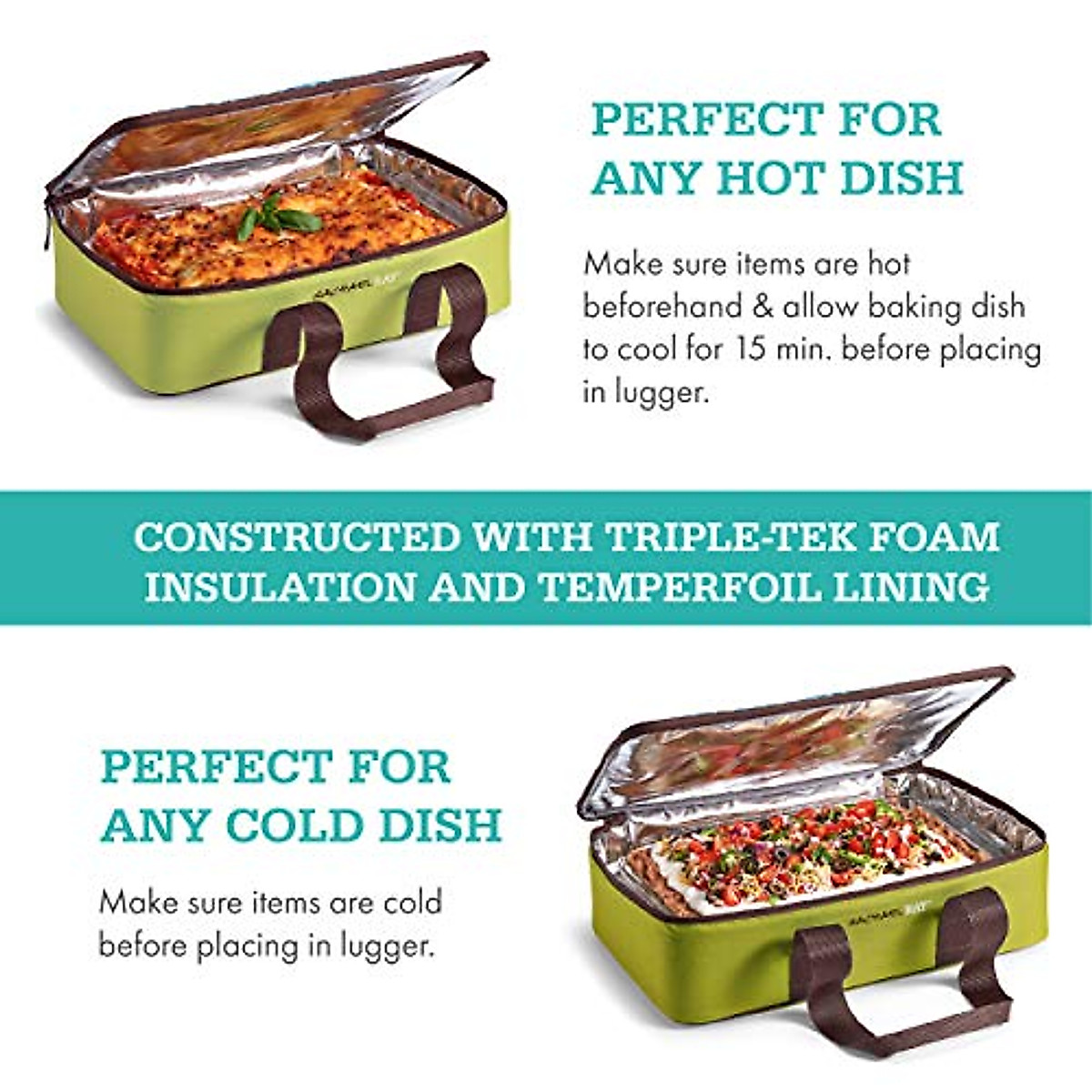 Rachael Ray Lasagna Lugger, Insulated Casserole Carrier for Parties, Fits 9"x13" Baking Dish, Green
