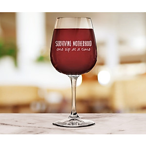 Birthday Gifts for Mom from Husband, Friend - Surviving Motherhood Funny Mom Wine Glass - Best Mom Gifts for Sister, Wife, Mom, Women, Daughter - Unique Gag Bday Gift Idea for New Mom, Mommy, Friends