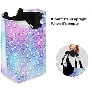 Princess Mermaid Kawaii Rainbow Scales Laundry Hamper Basket Bucket Sea Fish Tale Foldable Dirty Clothes Bag Washing Bin Toy Storage Organizer for College Dorms, Kids Bedroom,Bathroom