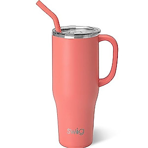 Swig Life 40oz Mega Mug, 40 oz Tumbler with Handle and Straw, Cup Holder Friendly, Dishwasher Safe, Extra Large Insulated Tumbler, Stainless Steel (Coral)