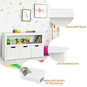 Costzon Toy Storage Organizer, Wooden Toy Bin Chest with 3 Removable Drawers, Rolling Wheels, Large Open Shelf, Toddler Bookshelf for Nursery, Playroom, Kindergarten, Living Room (White)