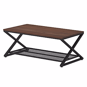 LVB Walnut Coffee Table with Storage, Metal Wood Rectangle Living Room Table, Industrial 2 Tier Center Table with Mesh Shelf, Vintage Wooden Middle Concrete Tables for Office Bedroom, 39 inch, Walnut