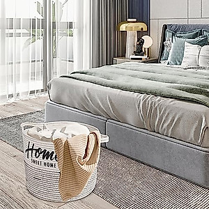 Vnkesno Large Woven Cotton Rope Storage Baby Basket White Laundry Clothes Hamper, Toy Storage Basket for Dog, Cat, Decorative Basket Blankets Organizing for Living Room, Laundry, Nursery-14.7" ×11.8"