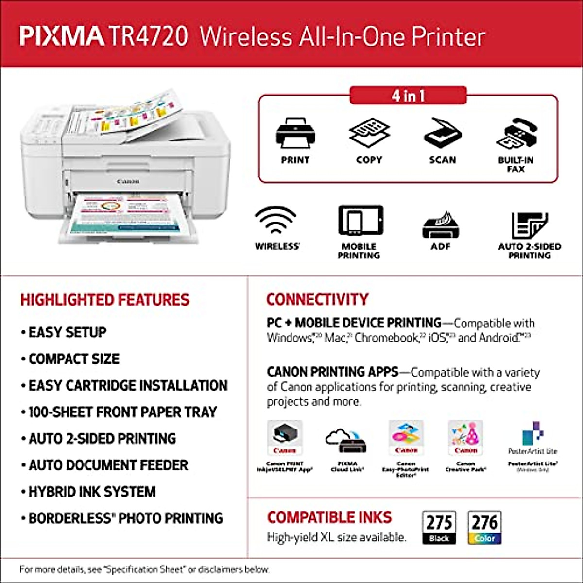 Canon PIXMA TR4720 Wireless Color All-in-One Inkjet Printer, White - Print Copy Scan Fax - 4800 x 1200 dpi, Auto 2-Side Printing, 20-Sheet ADF, 2-Line LCD Display, DAODYANG Printer_Cable