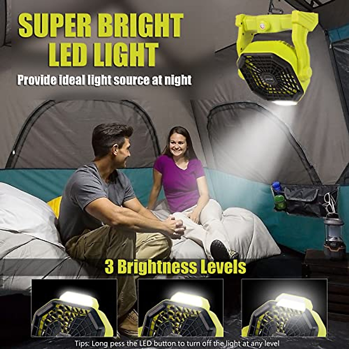 Camping Fan Rechargeable,Portable Battery Operated Fan with Light & Hook,Personal USB Small Desk Tent Fan 270°Head Rotation & Stepless Speed for Camping Accessories, Bedroom, Table, Tent, Travel