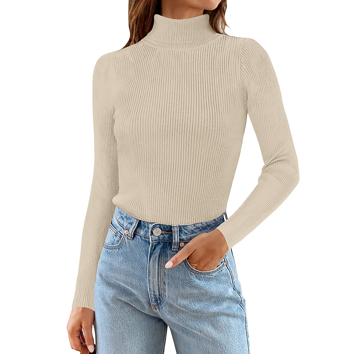 ZESICA Women's Turtleneck Long Sleeve Shirts Spring Basic Tops Slim Fitted Ribbed Knit Sweater,Apricot,Medium