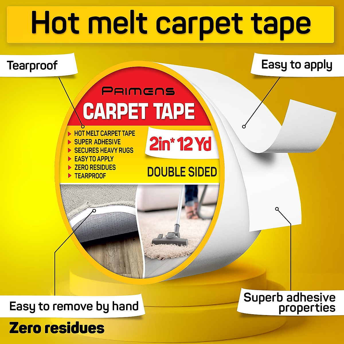 Double Sided Carpet Tape - Rug Grippers Tape for Area Rugs and Hardwood Floors Safe - Carpet Binding Tape Removable, Residue Free, Strong Adhesive and Heavy Duty Stickers Tape, 2 Inch / 12 Yards