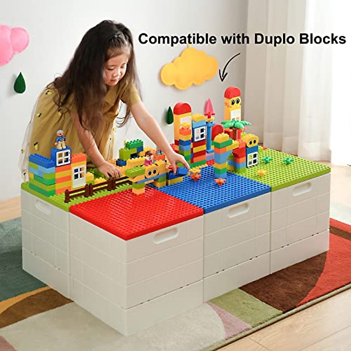 SHIMOYAMA Folding Duplo Storage Box, 2 Pack, 25L Storage Bin with Building Lid, 26 Qt. Collapsible Organizer for Duplo Blocks, Green and Blue