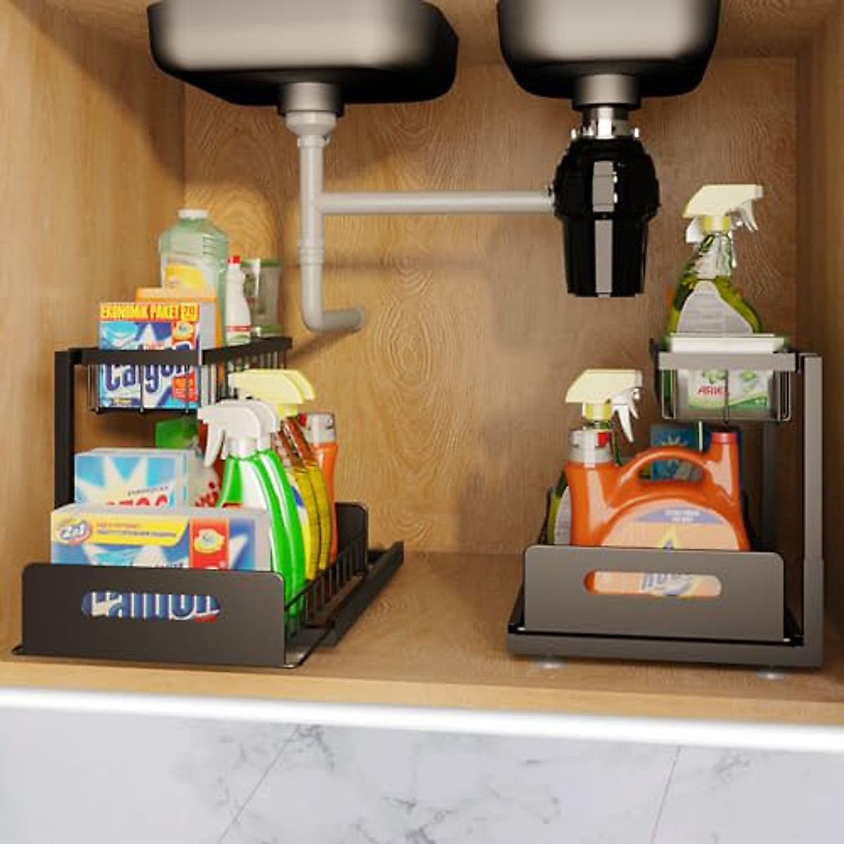 Stoigeld 2 Tier Under Sink Organizer and Storage for Kitchen,Pull Out Cabinet Organizer,Multi-Purpose Sink Organizer with Sliding Drawer for Bathroom - 2 Pcs