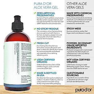 PURA D'OR 16 Oz ORGANIC Aloe Vera Gel - Lavender - All Natural - ZERO Artificial Preservatives - Deeply Hydrating & Moisturizing - Sunburn, Bug Bites, Rashes, Small Cuts, Eczema Relief - Skin & Hair
