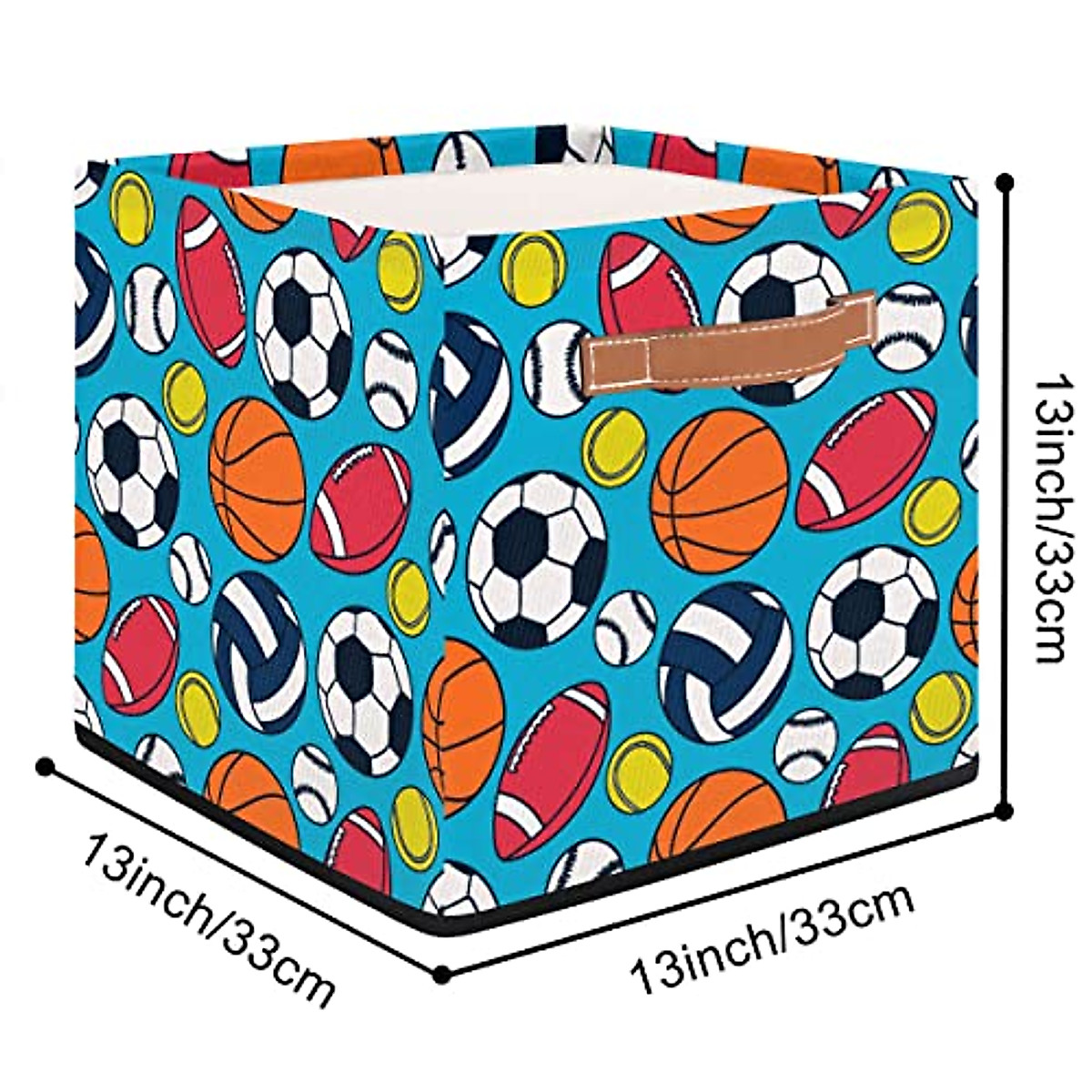Cube Storage Organizer Bins 13x13 Sport Ball Blue Fabric Storage Cubes Bin Foldable Baskets Square Box with Dual Plastic Handles for Shelf Nursery Cabinet Clothes Toys