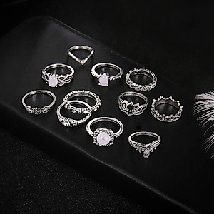 SEniutarm Engagement Love Rings Wedding Bands 11Pcs Women Jewelry Set Faux Opal Rhinestone Knuckle Stacking Joint Rings Band for Women/Girl Finger Rings DIY Jewelry Gifts - Antique Silver