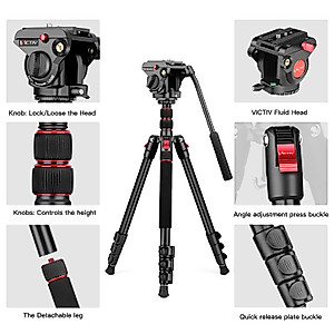 Tripod Camera Tripod, 72" Video Tripod with Fluid Head, Aluminum Heavy Duty Tripod with Carry Bag, Professional Camera Tripods & Monopods, Compatible with Video Camera, DSLR, Camcorder