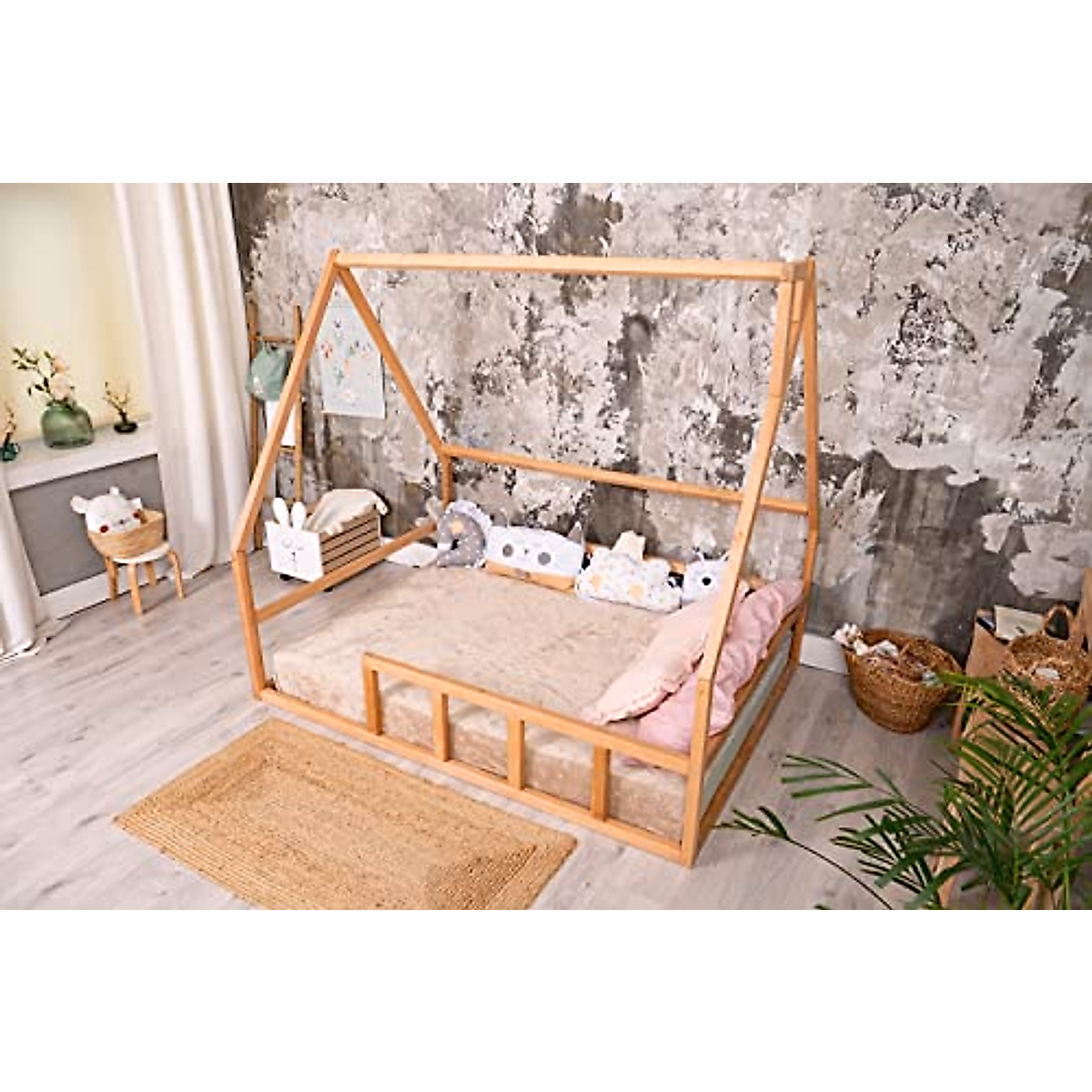 BUSYWOOD Montessori Platform Bed - Toddler bed - Kids Floor Bed House Frame - Natural Wood Daybed Frame - Unique bed (Model 1, Natural Wood, Floor Bed)