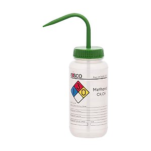 EISCO Wash Bottle for Methanol, 500ml - Labeled with Color Coded Chemical & Safety Information (4 Colors) - Wide Mouth, Self Venting, Polypropylene - Performance Plastics Labs