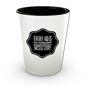 Novelty Shot Glasses Every Kid Is One Caring Adult Away From Being a Success Story 1.5 Ounce Shot Glass by Vitazi Kitchenware, White With Black Interior - Gift for Teachers (2-Pack)