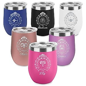 Custom Your Name Astrology Sign Zodiac Constellation Engraved Insulated Stainless Steel Wine Tumbler with Lid 12 oz. Personalized Horoscope Birthday Gift for Her