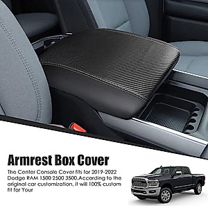 sportuli Center Console Cover Anti-Scratch Leather Armrest Pad Replace for 2019 2020 2021 2022 2023 Dodge RAM 1500 2500 3500 Accessories, for All Makes & Models with Bucket Seats (Carbon Fiber)