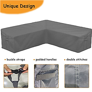 SUNSURE Patio L-Shaped Sectional Couch Sofa Cover Waterproof Outdoor Furniture Cover 420D Heavy Duty V-Shaped Sectional Couch Cover Gray Lawn Garden Furniture Set Covers with Buckle Strap (87"x112")