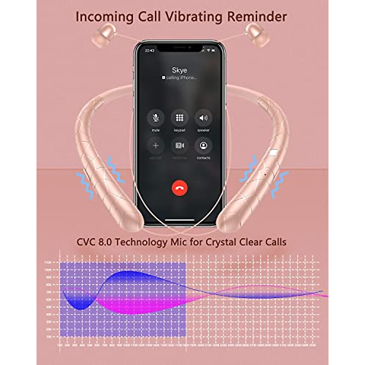 Bluetooth Headphones, Wireless Neckband Headset with Retractable Earbuds, Stereo Earphones w/Noise Canceling Mic for Conferences, Work Out, Travel, Compatible with Android iPhone (Rose Gold)