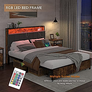 Meitewei Queen Bed Frame with Hidden Storage Headboard and 2 Drawers, LED Smart Bed Frame with Charging Station, Metal Platform Bed Frame Queen Size, No Box Spring Needed, Noise Free, Black