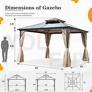 YOLENY 12'x12' Hardtop Gazebo, Outdoor Polycarbonate Double Roof Canopy, Aluminum Frame Permanent Pavilion with Curtains and Netting, Sunshade for Garden, Patio, Lawns