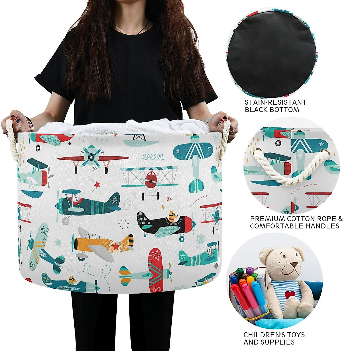 Airplanes Aircrafts Boys In Turquoise Red Orange Seamless Round Storage Basket Bin, Waterproof Laundry Hamper, Large Collapsible Bucket, Baby Nursery Organizer with Handles for Bathroom Toys Clothes