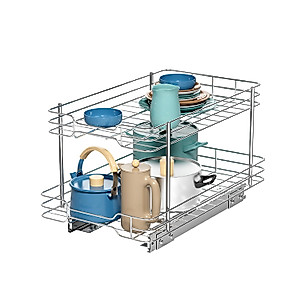 Lxmons 2 Tier Pull-Out Cabinet Organizer, 14" W x 21" D Kitchen Under Sink Organizer, Slide Out Home Spice Rack Storage for Pots and Cans, Drawer Pantry Shelf Organization for Bathroom Base, Chrome