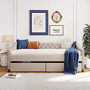 ODC Full Size Daybed with Two Storage Drawers,Solid Wooden Upholstered Daybed Dual-use Sofa Bed Bedframe w/Wood Slat Support & Safety Guardrails,Space-Saving Design & No Box Spring Needed