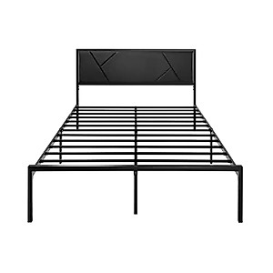 SHA CERLIN Modern Queen Size Metal Bed Frame with Geometric Litchi Grain Leather Upholstered Headboard, Platform Bed with 12" Under-Bed Storage Space, Metal Slat Support,No Box Spring Needed, Black