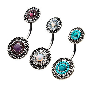 Pierced Owl Tribal Chain Swirl Bead Centered Stainless Steel Belly Button Navel Ring (Turquoise)