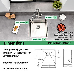 EcoChannels Undermount Kitchen Sink, 18 x 18 x 10 Inch Single Bowl Bar Sink 16 Gauge T-304 Stainless Steel Kitchen Sinks with Accessories