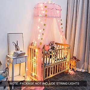 Twinkle Star Kids Netting Princess Bed Canopy 3 Layers Lace Ruffle Dome for Baby, Girls (Pink)